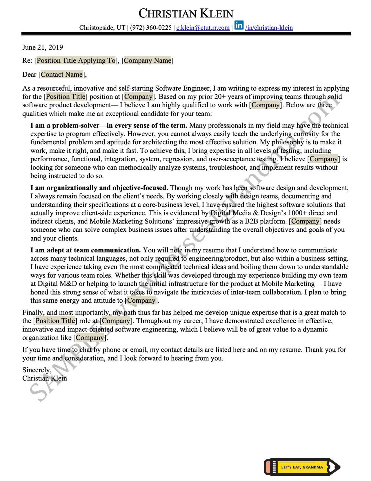 Software Engineer Cover Letter Sample & Guide | Let's Eat, Grandma